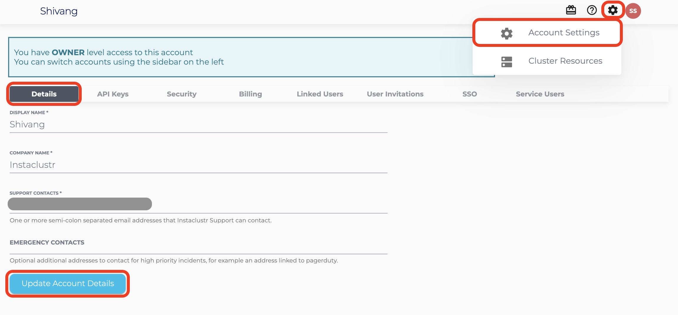 Updating User Details - Instaclustr