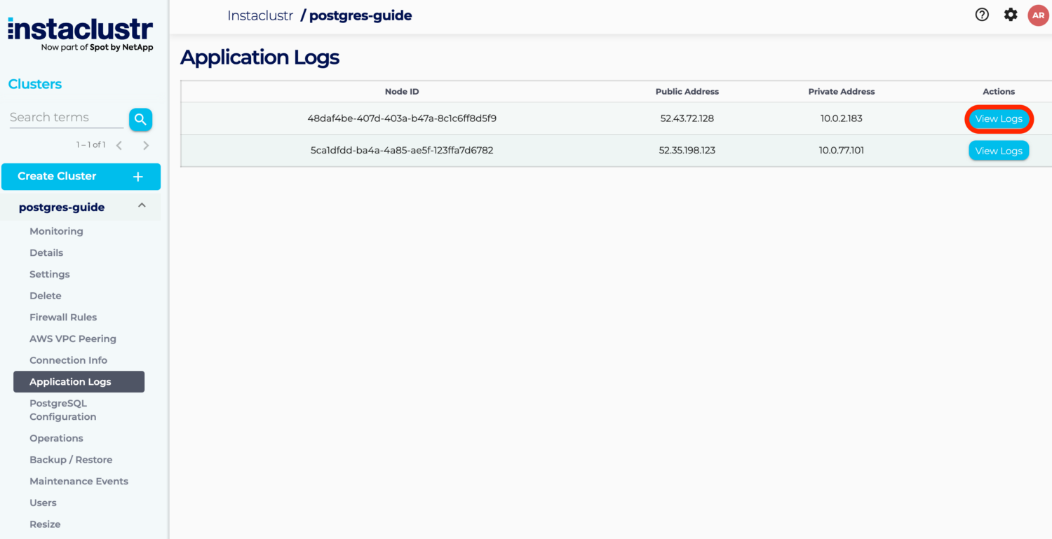 Viewing Application Logs - Instaclustr