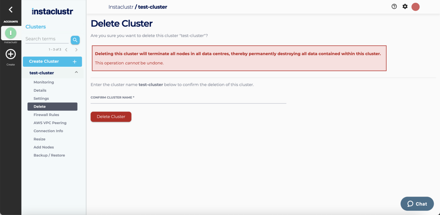 Deleting a Cluster - Instaclustr