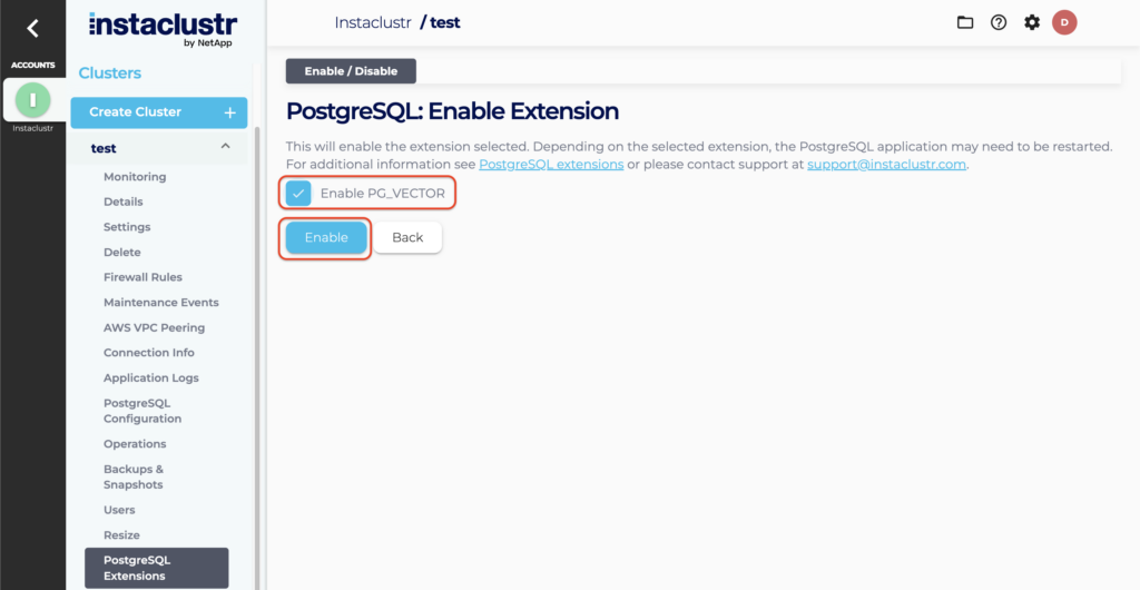 Enable or disable a PostgreSQL extension - Instaclustr