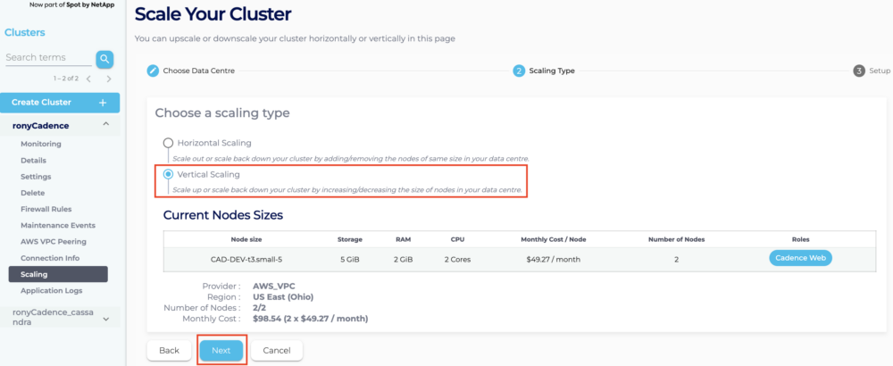 In-place Scaling for Cadence - Instaclustr